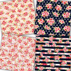 Floral Digital Paper: "watercolor Floral" Navy Digital Paper, Pink ...