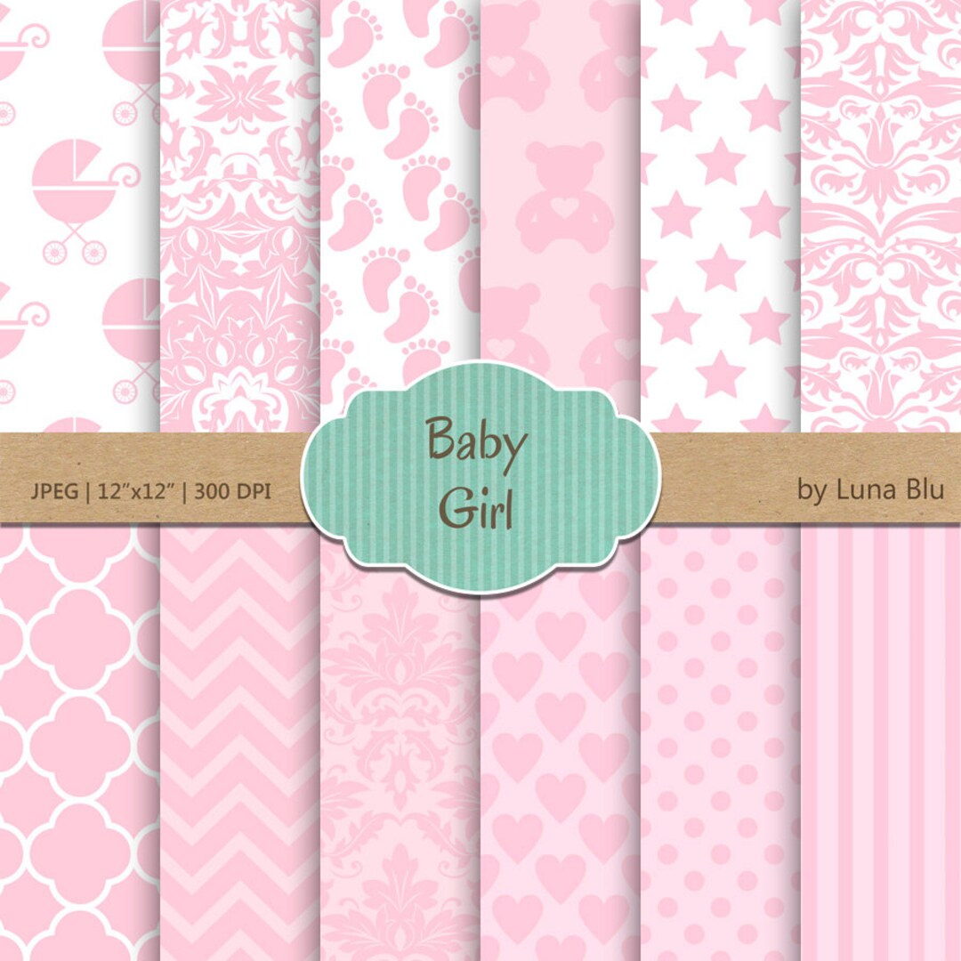 Baby Girl Digital Paper Pack: "it's a Girl" Light Pink With Hearts ...
