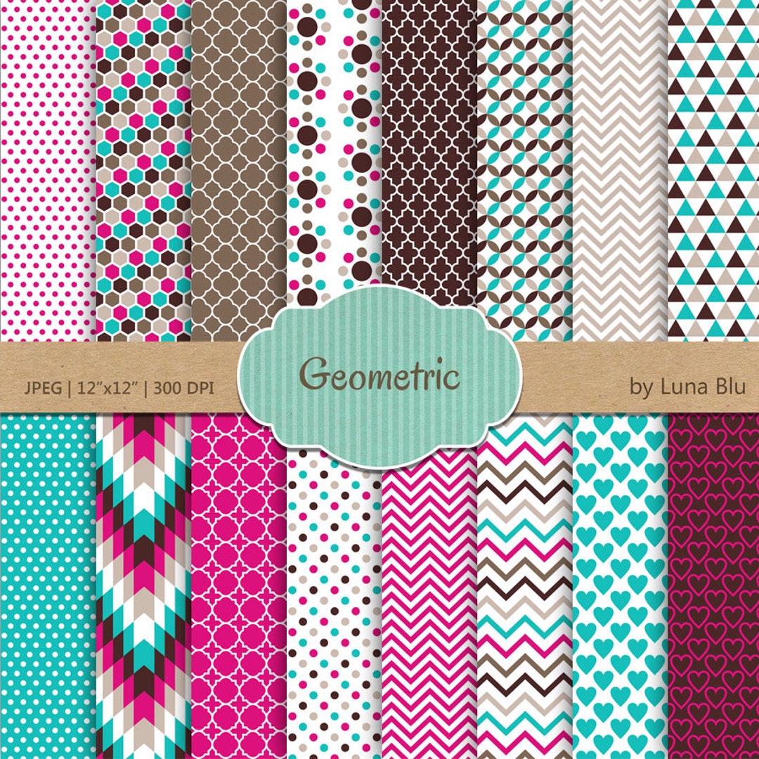 Geometric Digital Paper: Pink, Turquoise, Brown Patterns (12x12 Inches ...