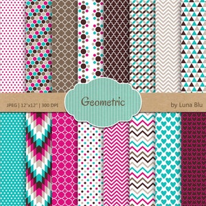 Geometric Digital Paper: "geometric Patterns" Pink Turquoise and Brown ...