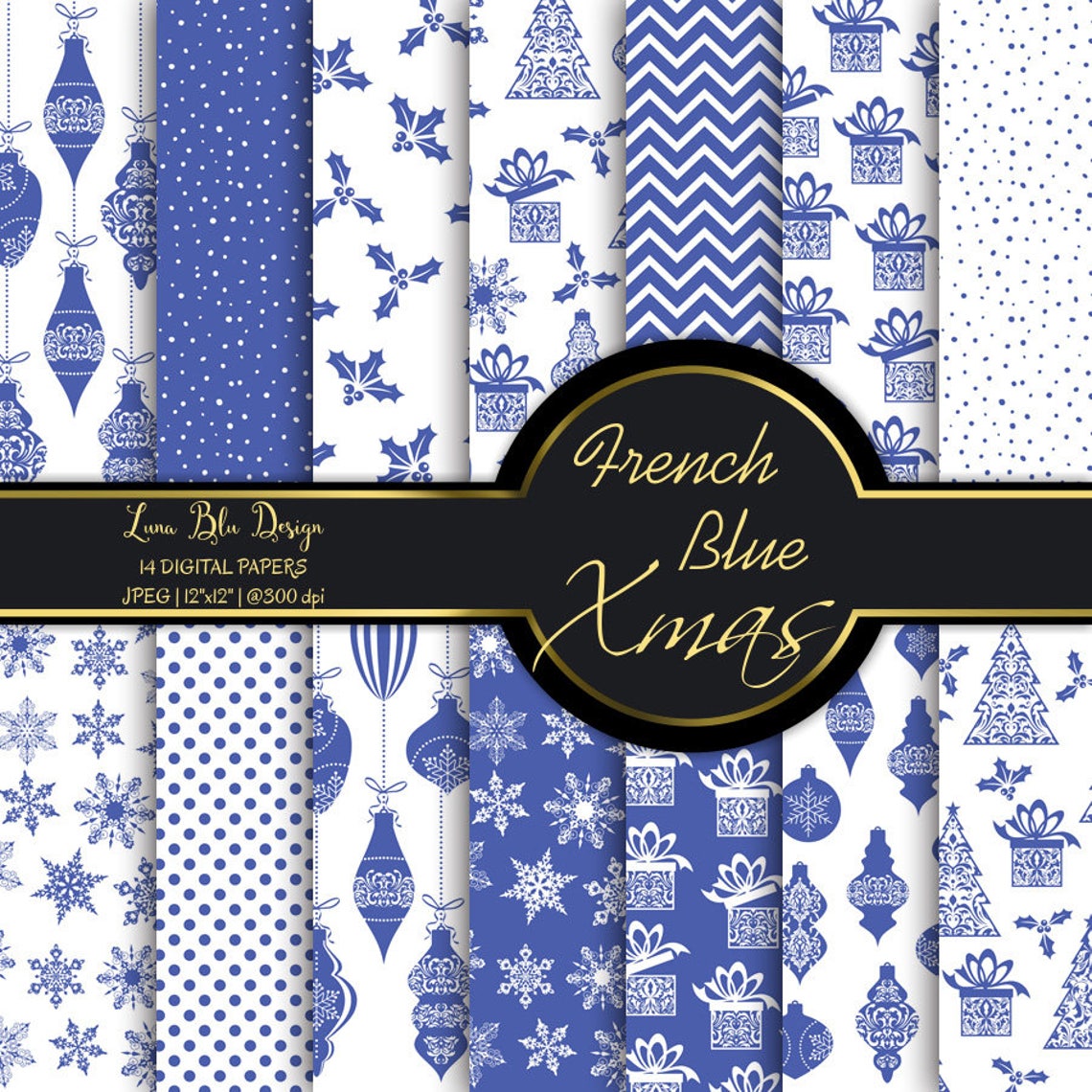 Christmas Digital Paper French Blue Christmas Papers Blue | Etsy