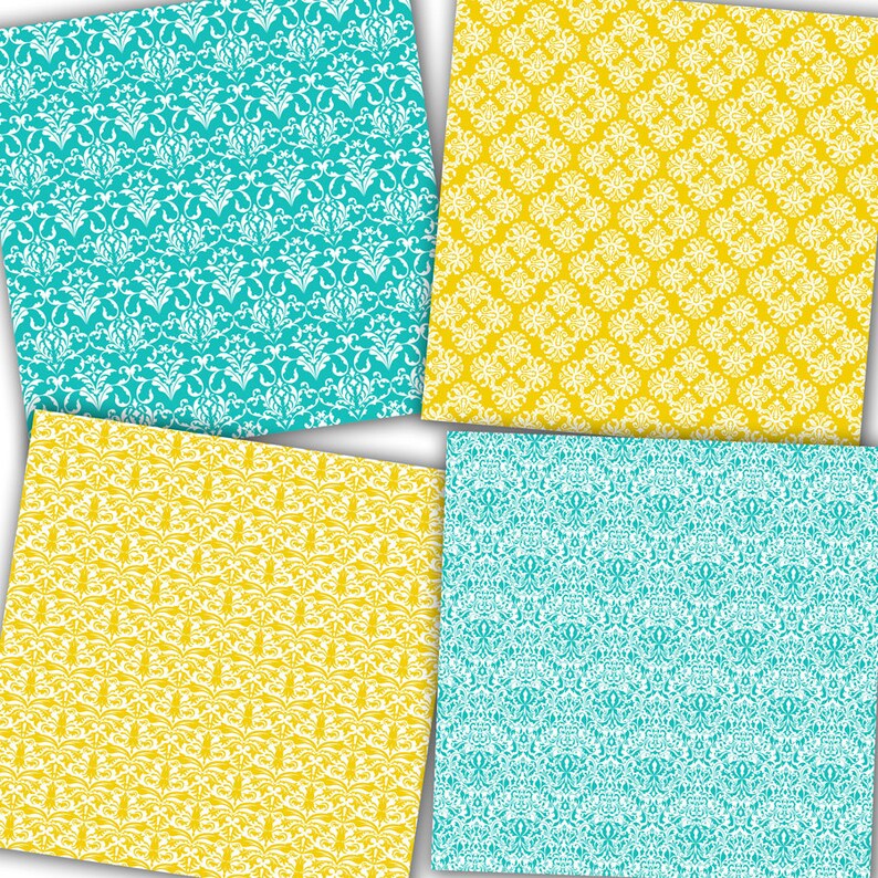 Damask Digital Paper: turquoise and Yellow Damask - Etsy