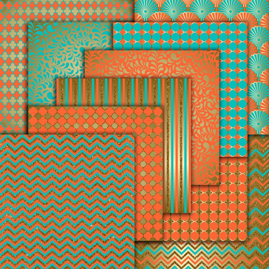 Turquoise Orange and Gold Digital Paper: turquoise - Etsy