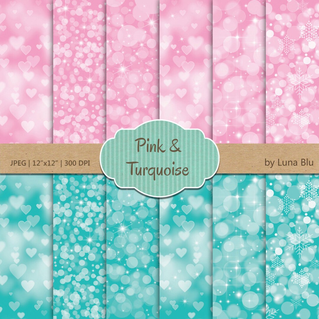 Turquoise & Pink Bokeh Digital Paper: Hearts, Stars (instant Download ...