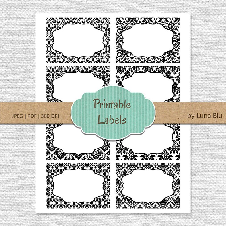 Printable Labels: Black and White Damask Digital Labels | Etsy