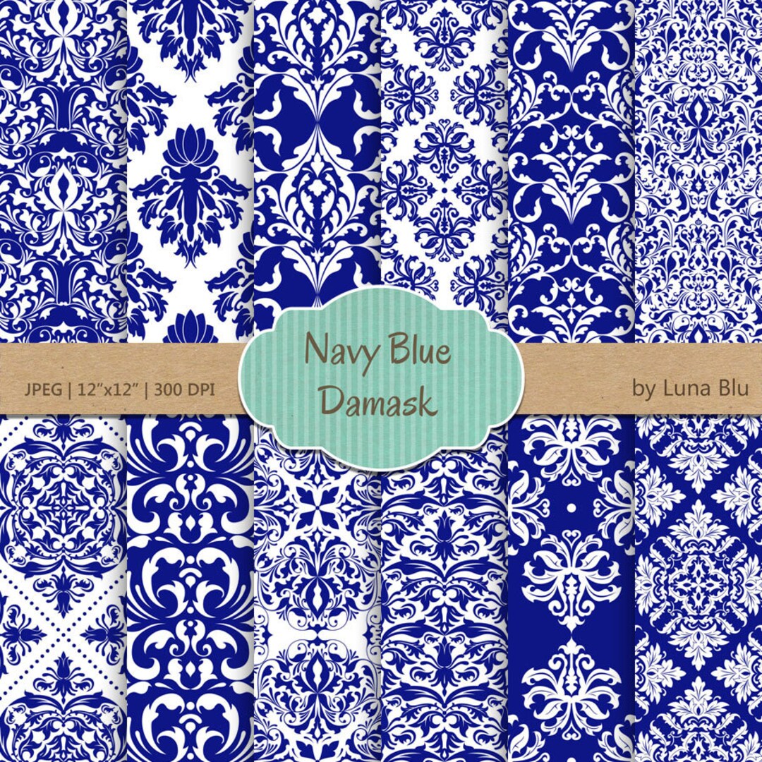 Blue Digital Paper: "navy Damask " Ultramarine, Royal, Midnight Blue ...
