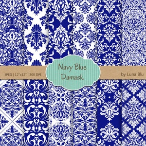 Blue Digital Paper: "navy Damask " Ultramarine, Royal, Midnight Blue ...