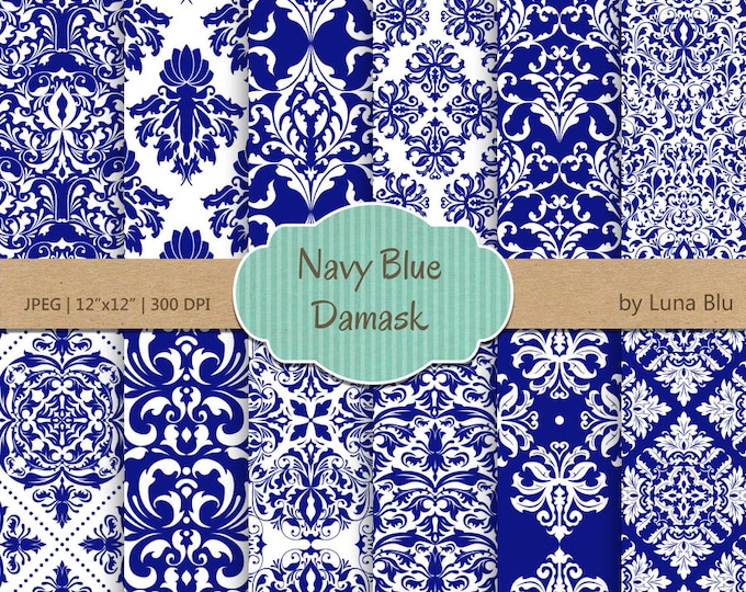 Navy Blue & White Damask 12 Sheet Assortment Pack, Digital Printable ...