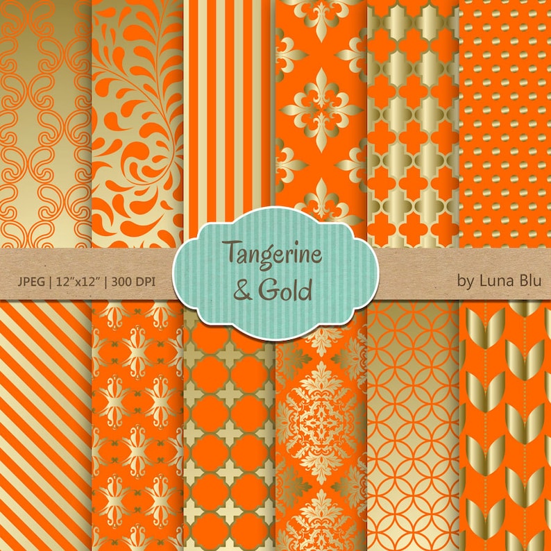 Tangerine & Gold Digital Paper: Scrapbook Patterns (12x12, 300dpi) - Etsy