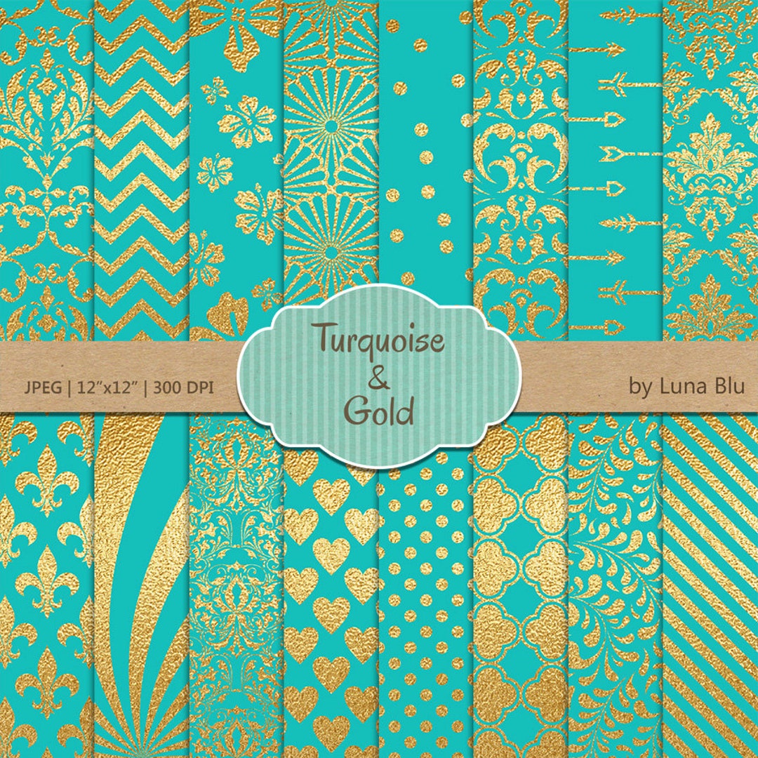 Turquoise and Gold Digital Paper: "turquoise and Gold Foil" Turquoise ...