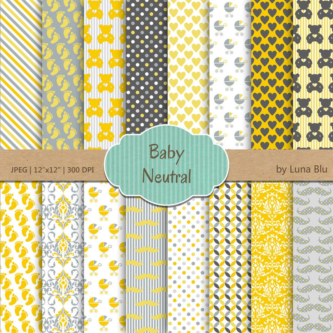 Baby Digital Paper Pack: "neutral Gender Baby" Yellow and Grey With ...