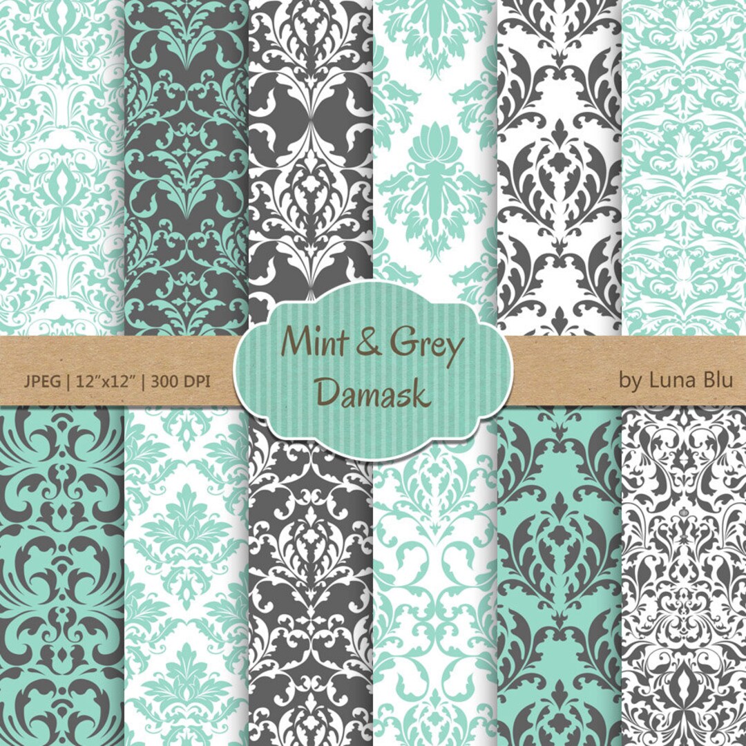 Damask Digital Paper: "mint and Grey Damasks" Damask Patterns, Mint and ...