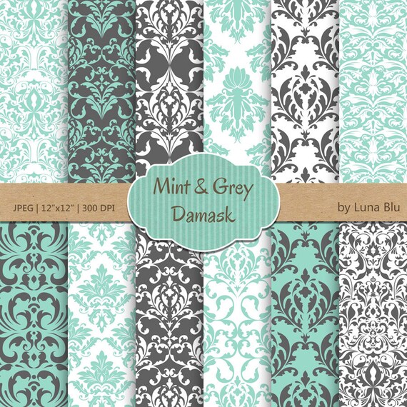 Damask Digital Paper: mint and Grey Damasks Damask - Etsy