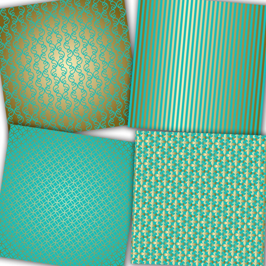 Turquoise and Gold Digital Paper: Scrapbook Patterns (12x12 Inches) - Etsy