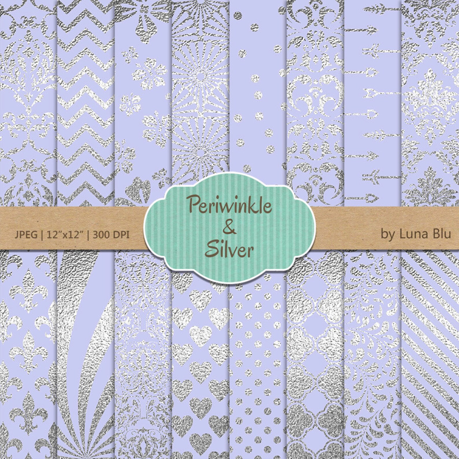 Periwinkle & Silver Foil Digital Paper: Scrapbook Patterns (digital ...