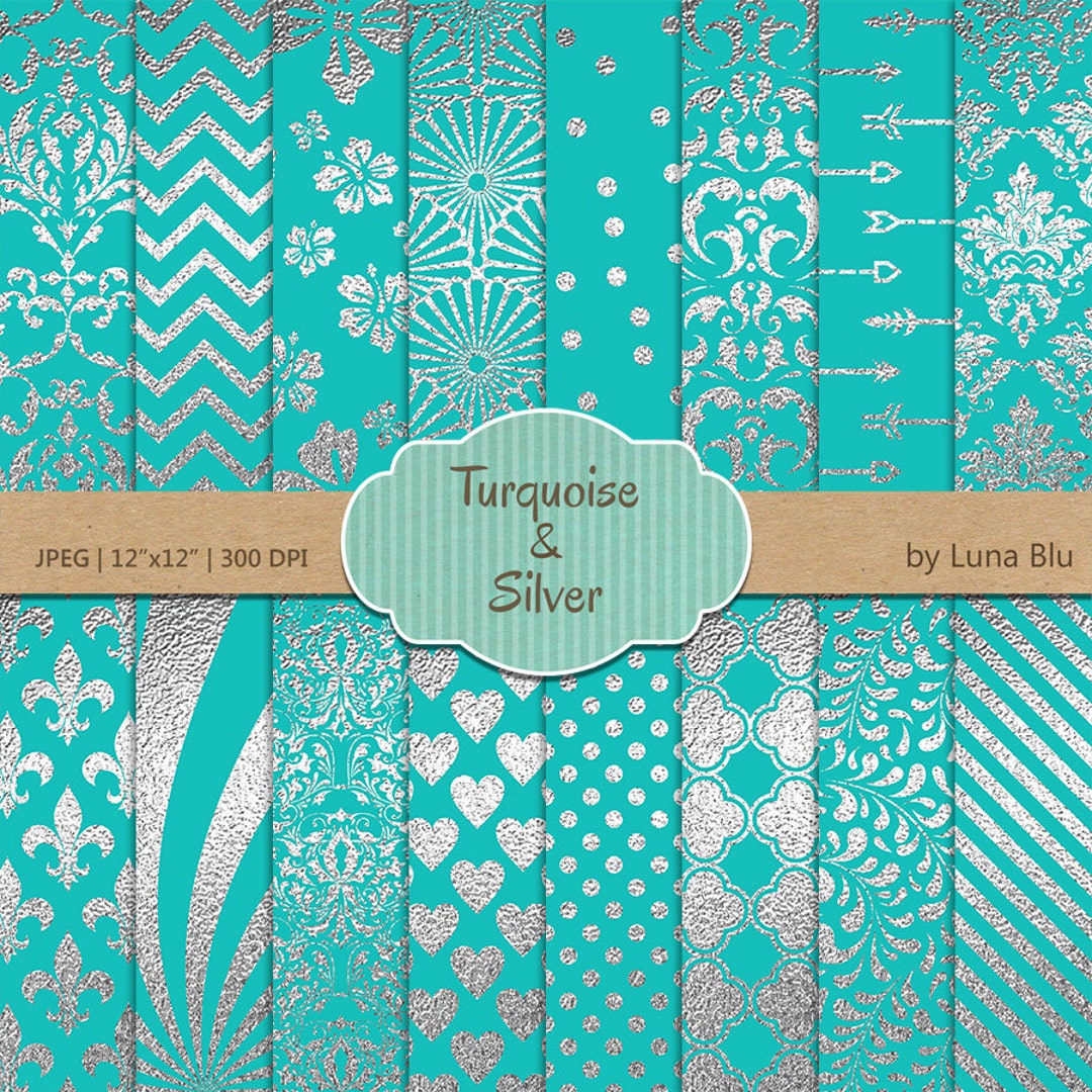 Turquoise and Silver Digital Paper: "turquoise and Silver Foil Patterns ...