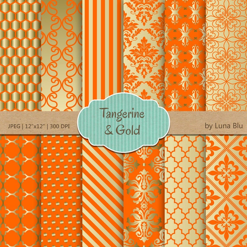 Tangerine and Gold Wedding Digital Paper: tangerine and | Etsy
