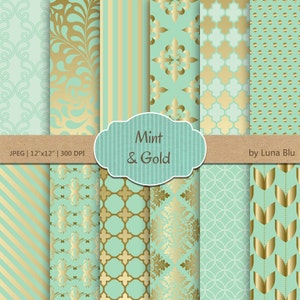 Mint and Gold Digital Paper: "mint and Gold Wedding" for Invitations ...