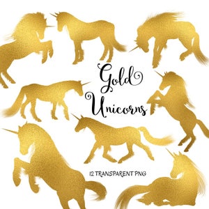 Unicorn Clipart: "gold Unicorns" Gold Unicorn Graphics, Magical Clipart ...