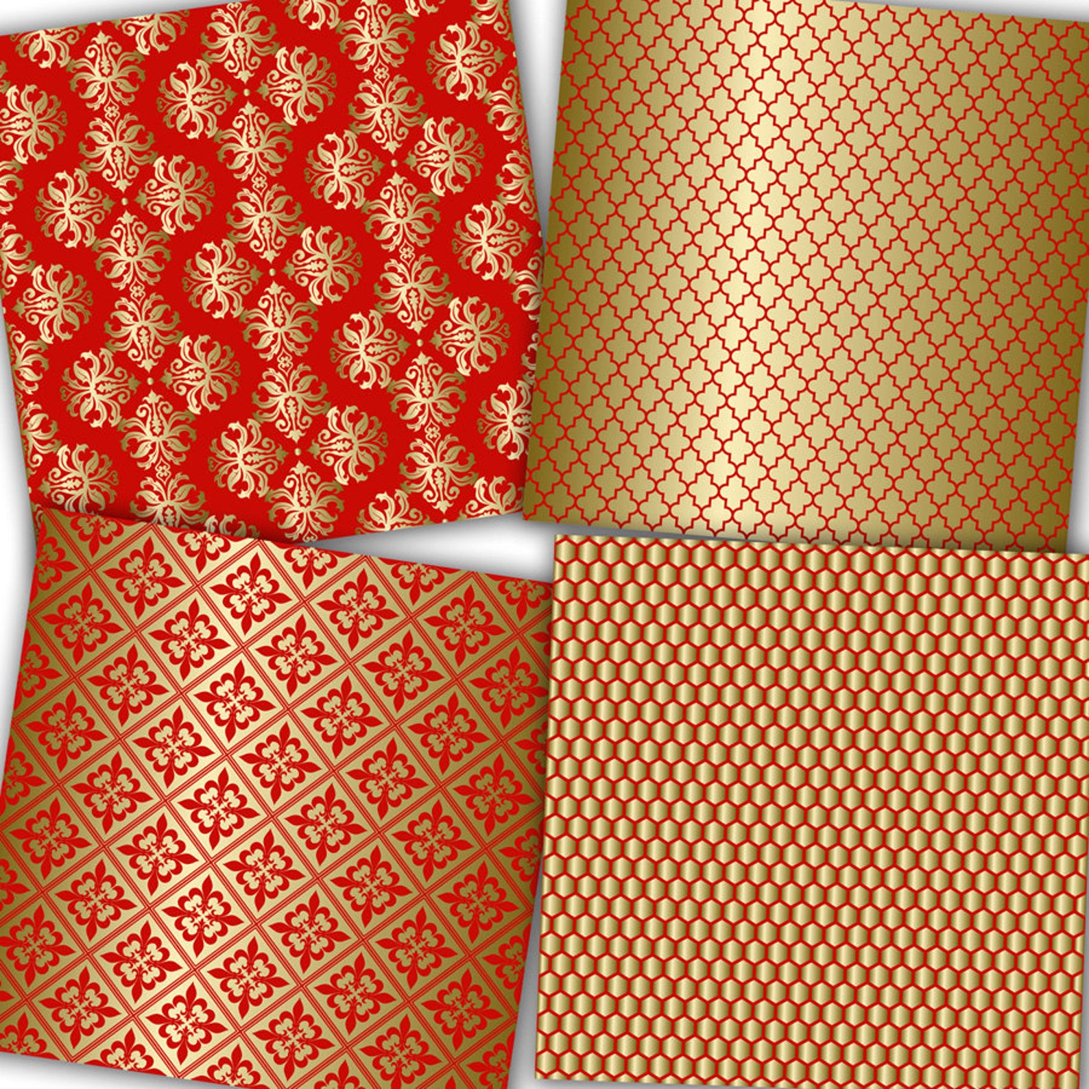 Red and Gold Christmas Digital Paper: "red and Gold Patterns " Metallic ...