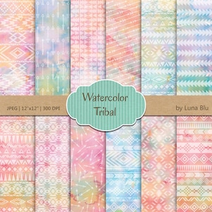 Watercolor Digital Paper "watercolor Tribal" Pastel Tribal Papers With ...