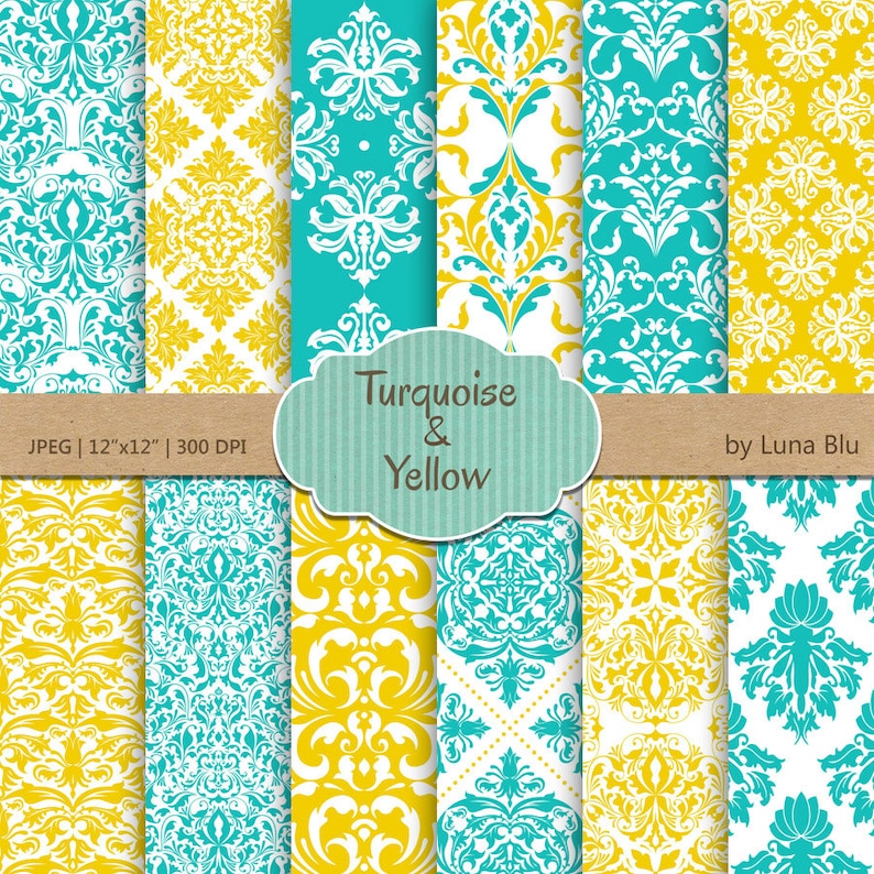 Damask Digital Paper: turquoise and Yellow Damask - Etsy