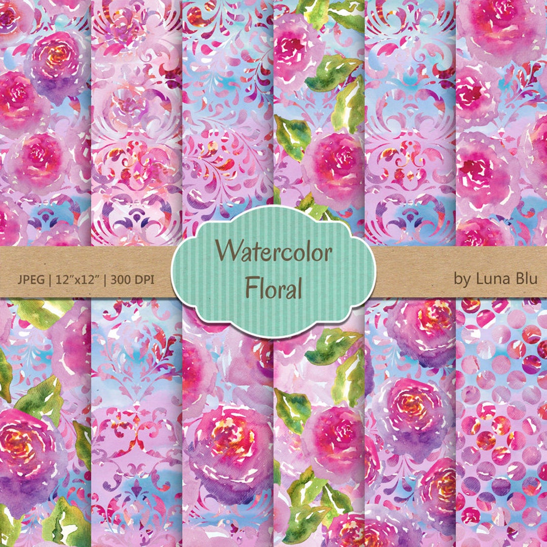 Floral Digital Paper: "watercolor Floral" Pink and Purple Floral ...