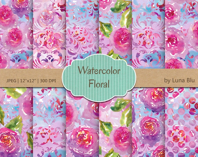 Floral Digital Paper: watercolor Floral Pink and - Etsy