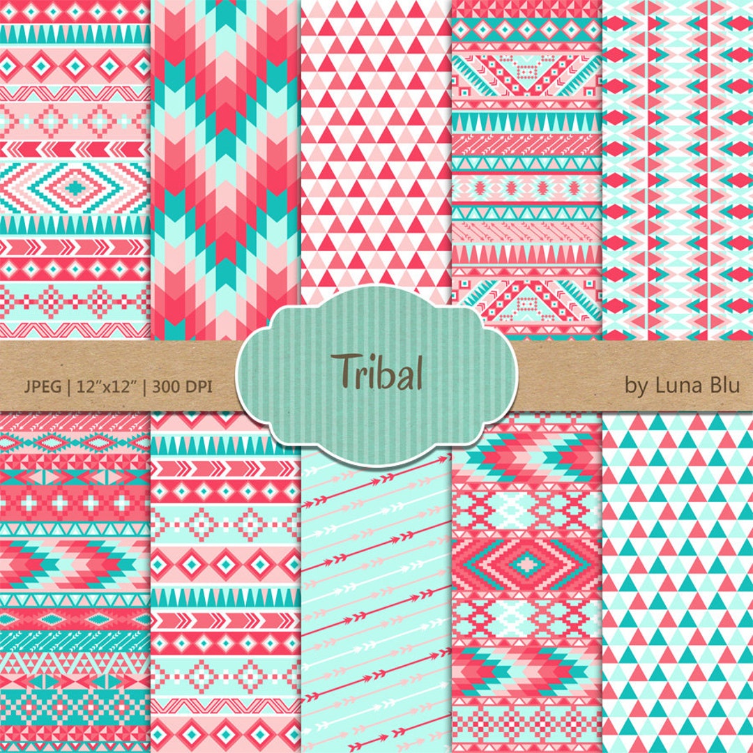 Tribal Digital Paper: "tribal Patterns" Coral and Turquoise Tribal ...