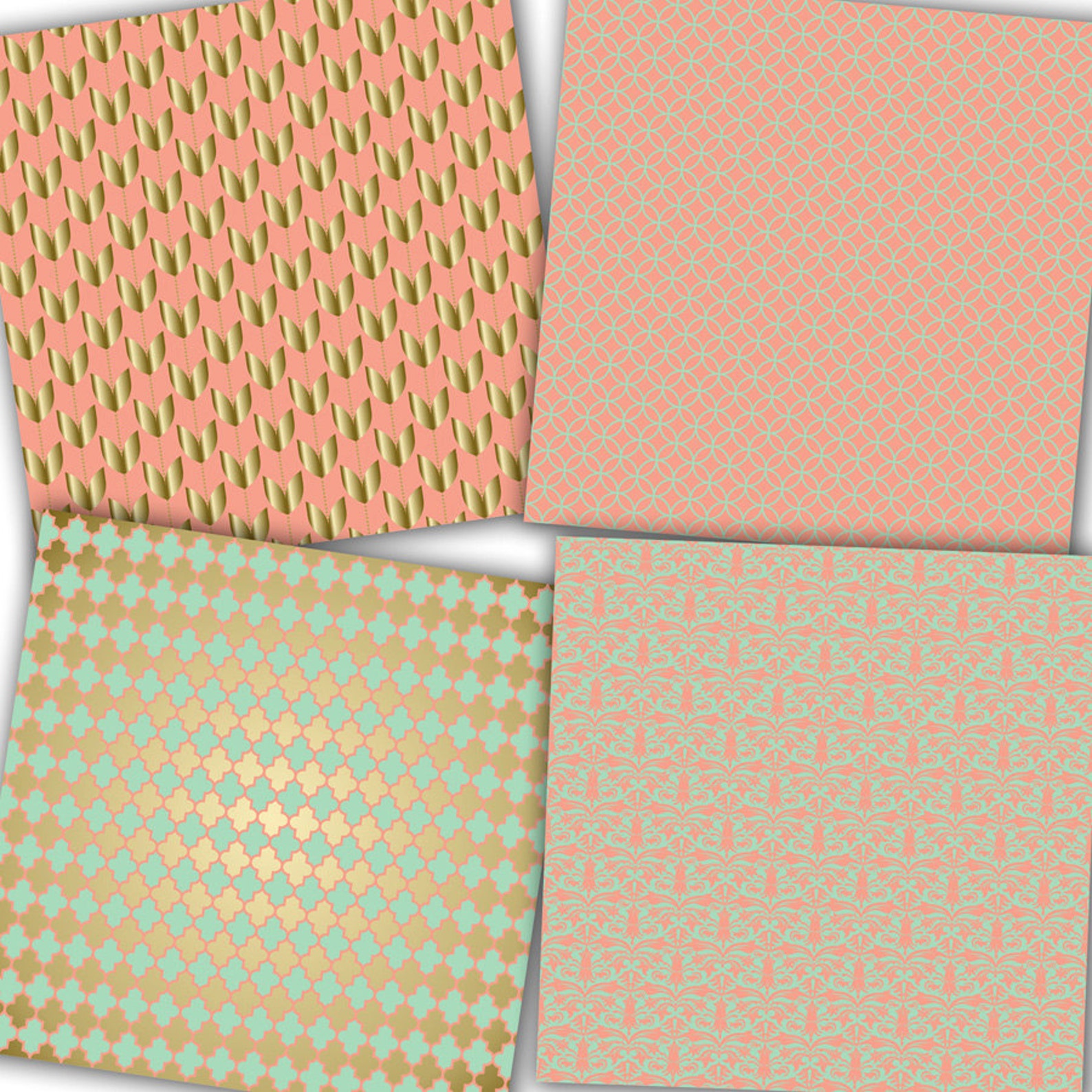 Coral Mint and Gold Digital Paper: coral Mint and Gold Patterns ...