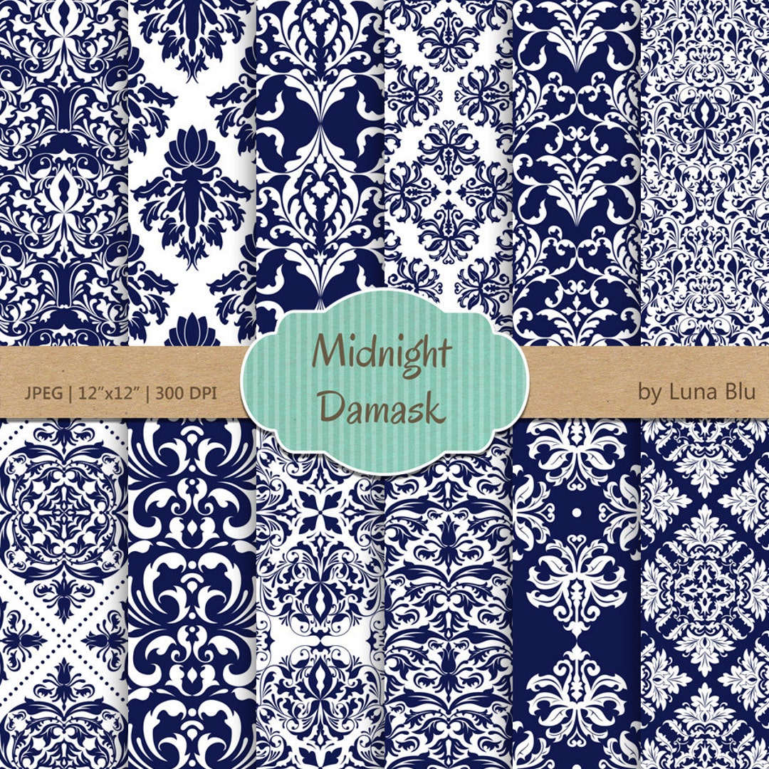 Midnight Blue Damask Digital Paper: 12x12 Scrapbook Patterns (digital ...