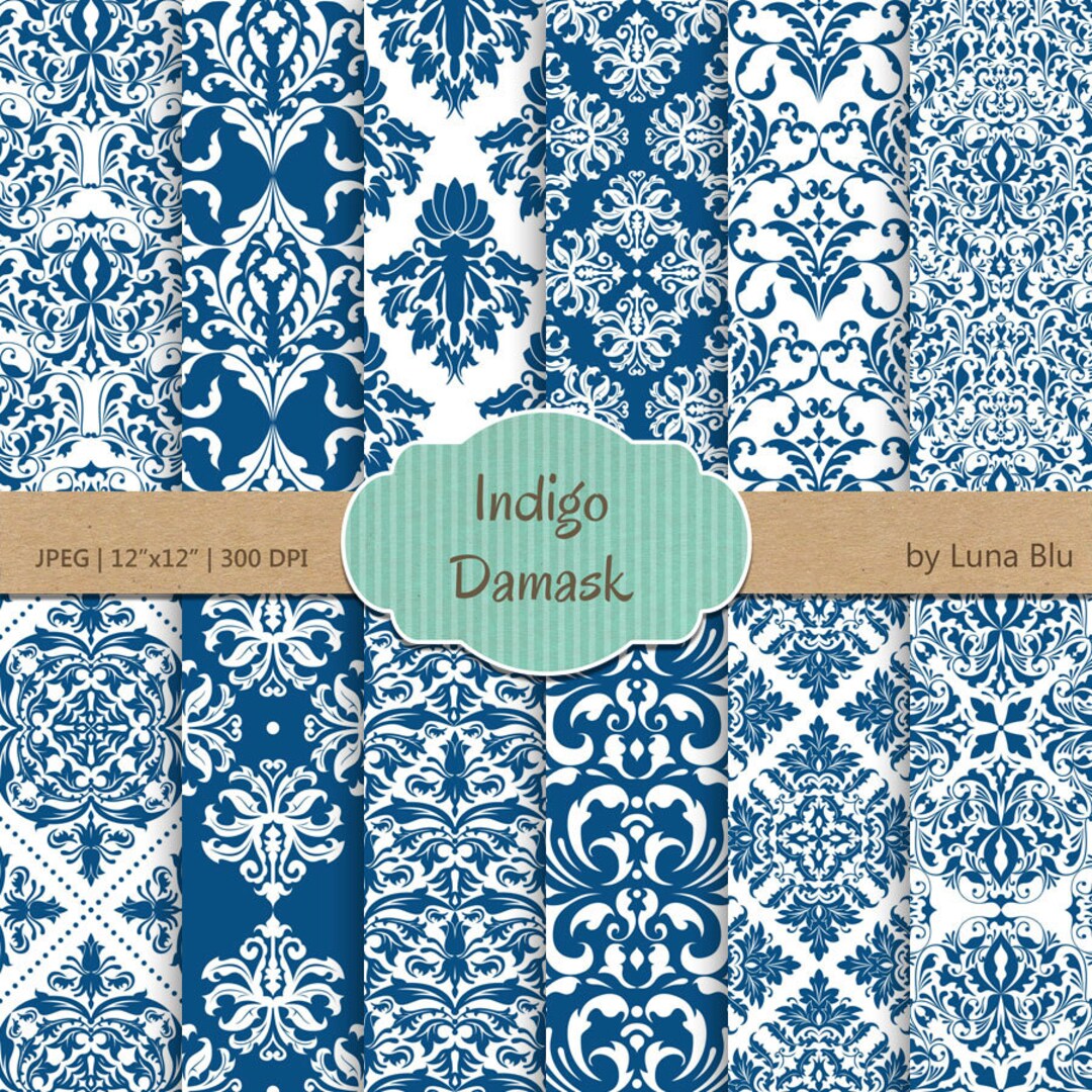 Indigo Digital Paper: "indigo Damask " Ultramarine, Blue Damask Digital ...