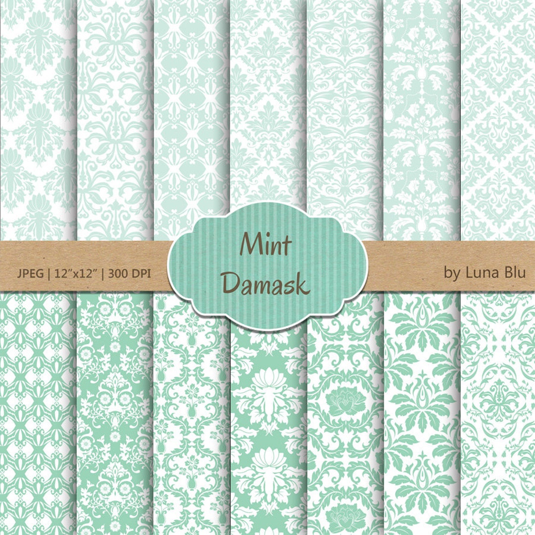 Damask Digital Paper: "mint Damasks" Mint Green Scrapbook Paper, Damask ...