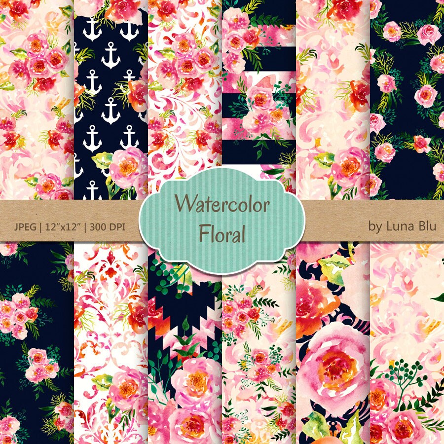 Floral Digital Paper: watercolor Floral Navy - Etsy