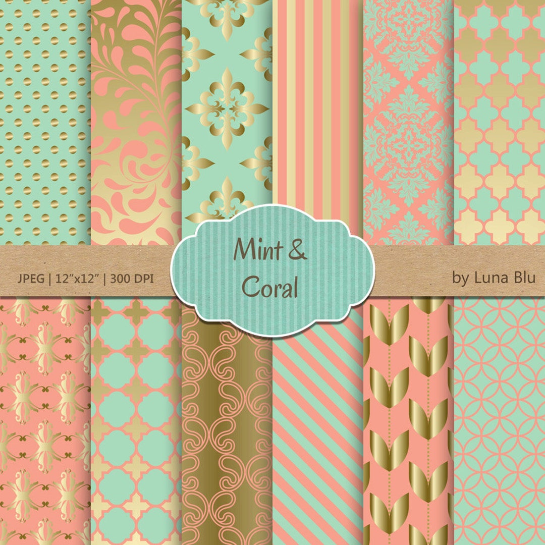 Coral Mint and Gold Digital Paper: "coral Mint and Gold Patterns ...