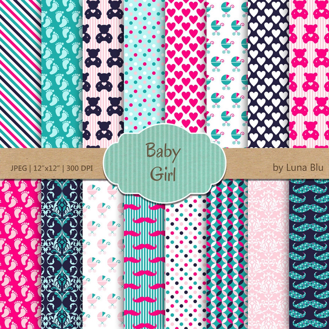 Baby Girl Digital Paper Pack: Pink, Navy, Turquoise (digital Download ...
