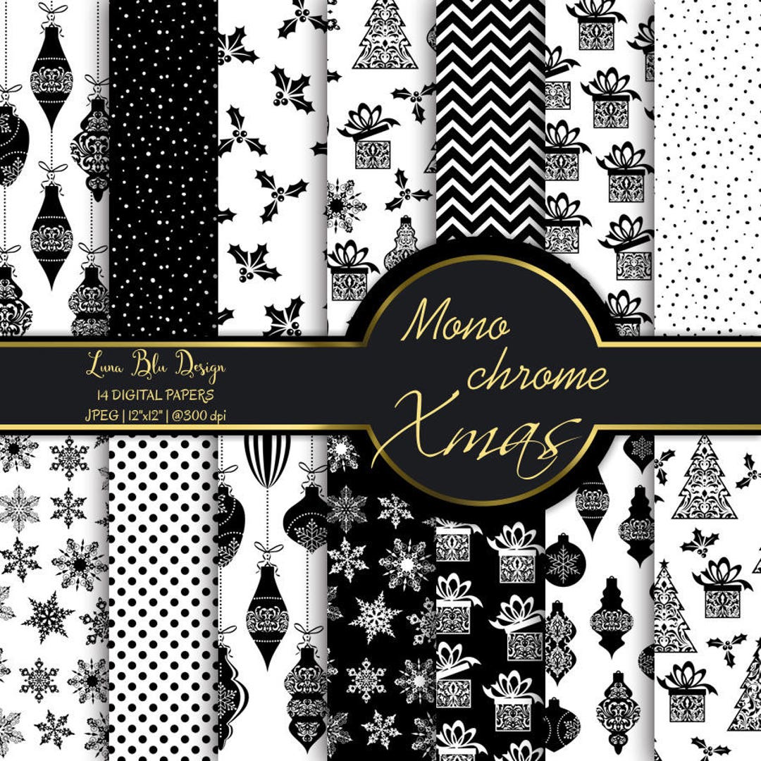 Digital Paper Christmas Monochrome, Black Christmas Digital Paper ...