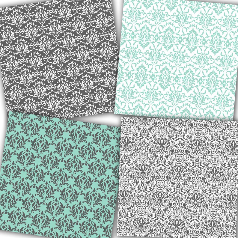 Damask Digital Paper: "mint and Grey Damasks" Damask Patterns, Mint and ...