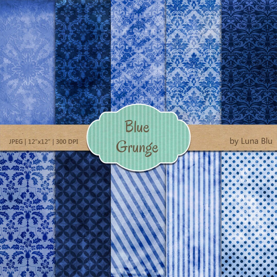 Blue Digital Paper: "blue Grunge Textures" With Damasks, Dots, Stripes ...