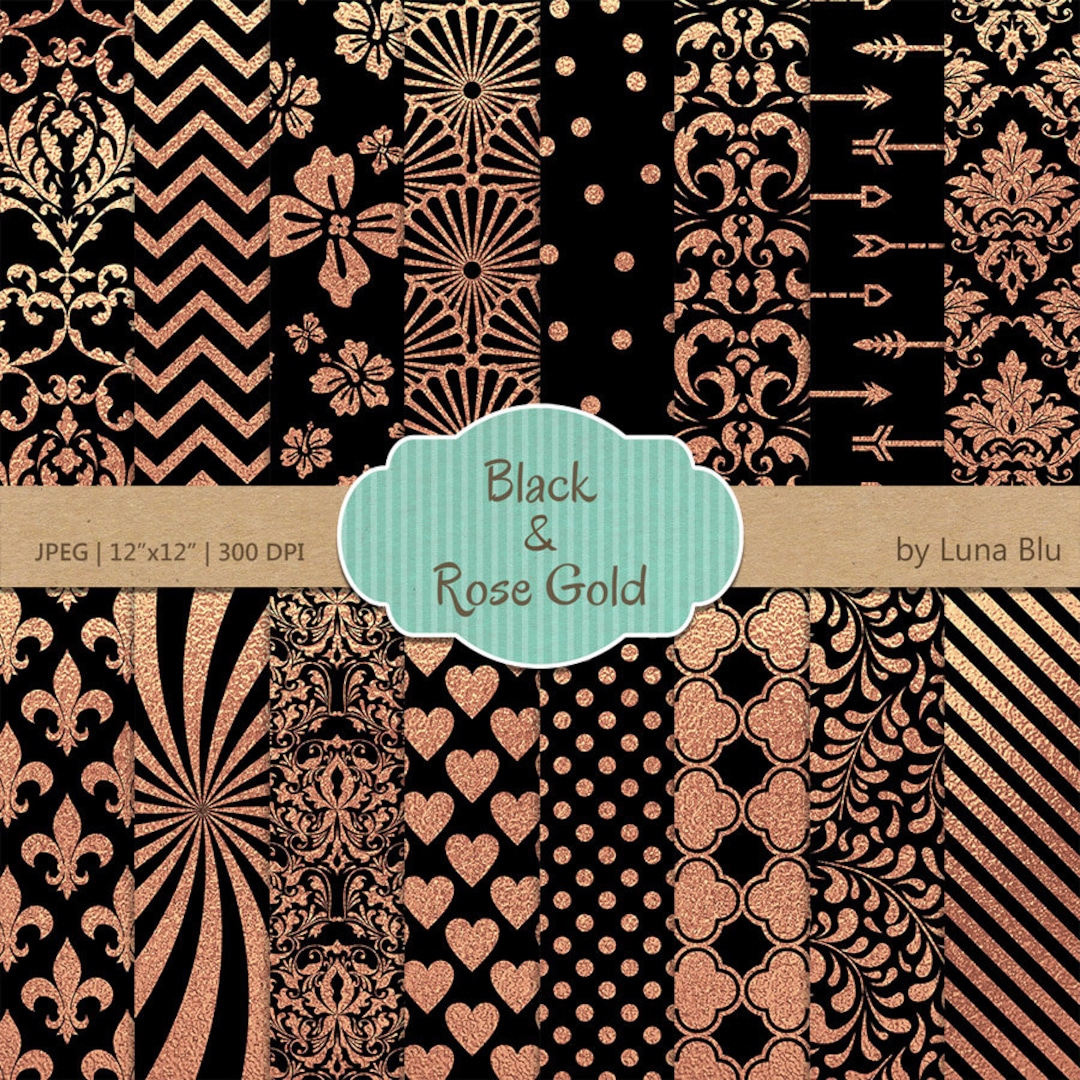 Black and Rose Gold Digital Paper: "black and Rose Gold Foil Patterns ...