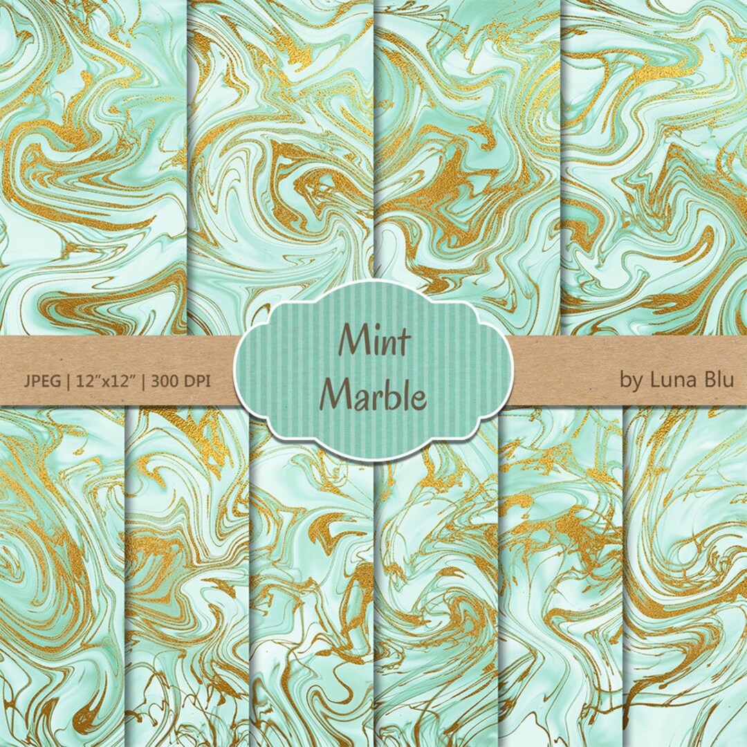 Marble Digital Paper: " Mint Marble" Mint and Gold Foil Marble, Mint ...