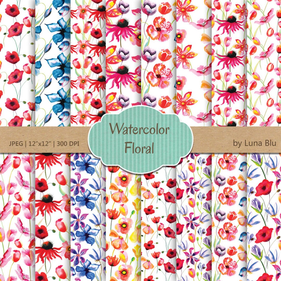 Floral Digital Paper : "watercolor Floral" Seamless Patterns ...
