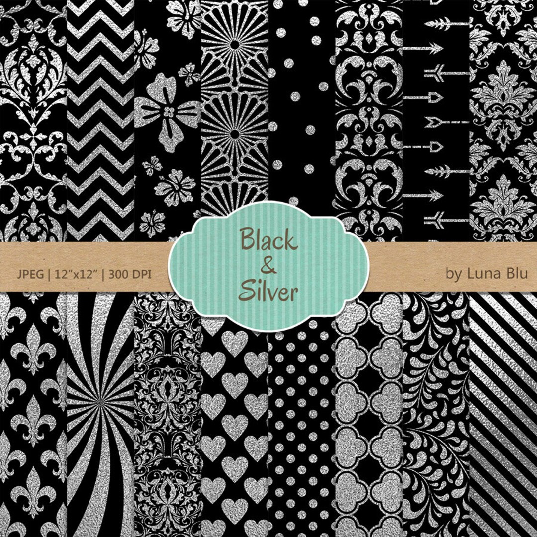 Black and Silver Digital Paper: "silver Foil Patterns" Black Digital ...
