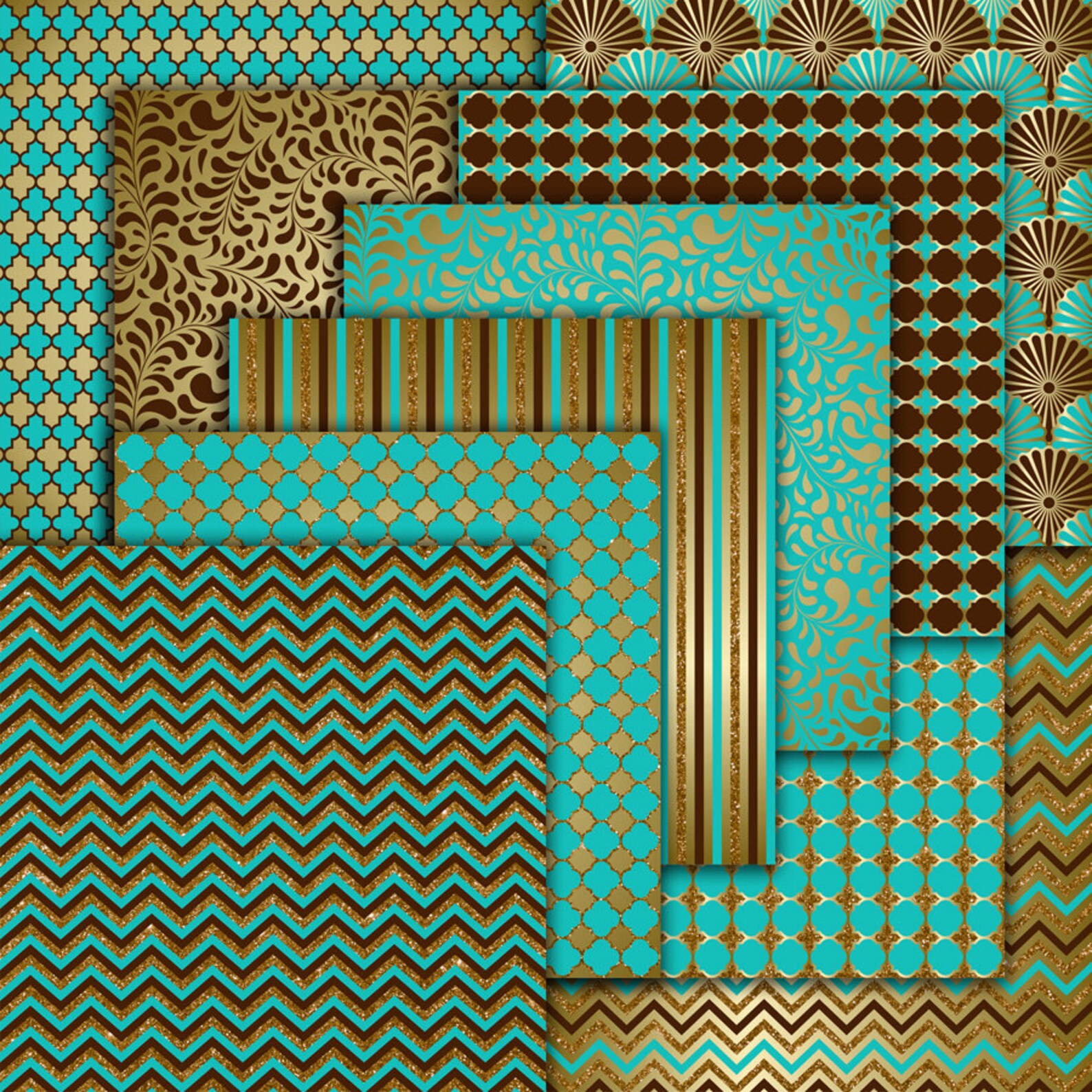 Turquoise Brown and Gold Digital Paper: Scrapbook Patterns (12x12 ...