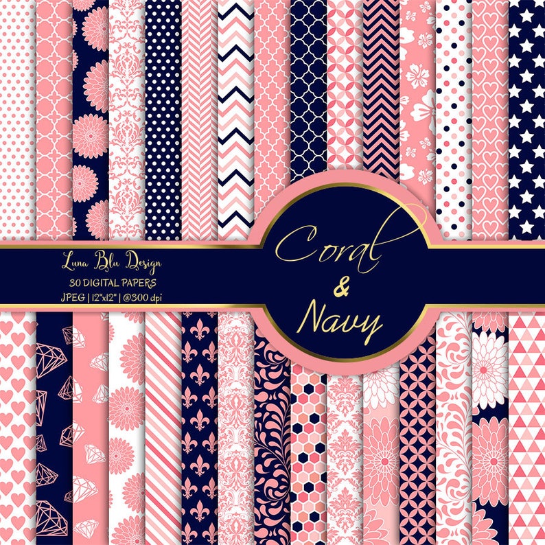 Coral and Navy Digital Paper Pack: Scrapbook Paper (12x12 Inches) - Etsy