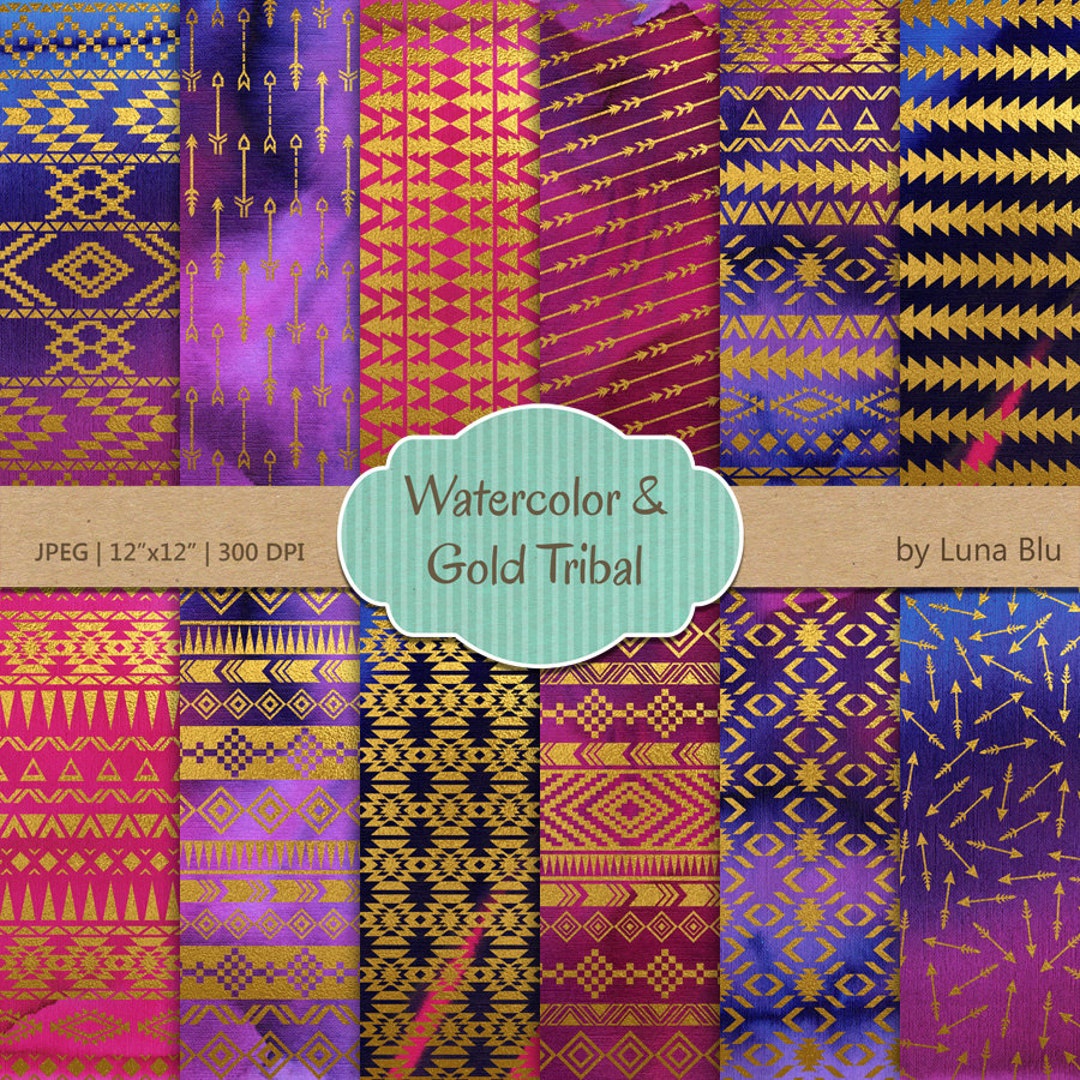 Tribal Digital Paper "watercolor Tribal" Gold Tribal Digital Paper ...