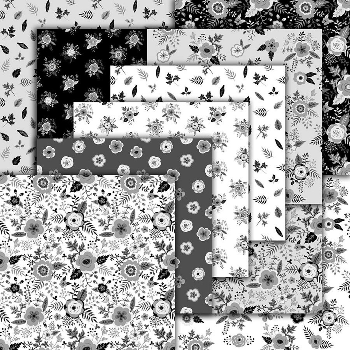 Flower Digital Paper pack black and white floral digital | Etsy
