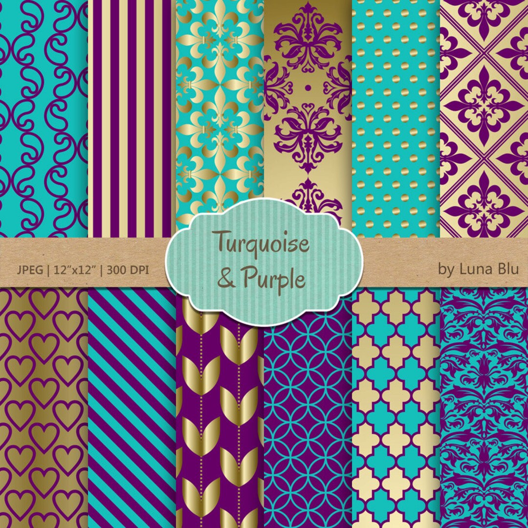 Turquoise and Purple Digital Papers: Scrapbook, Invitation (digital ...