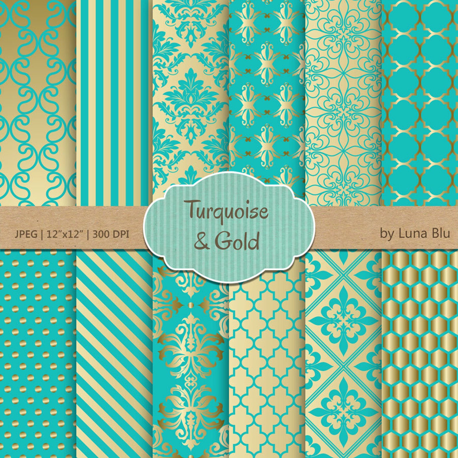 Turquoise and Gold Digital Paper: Scrapbook & Wedding Patterns (digital ...