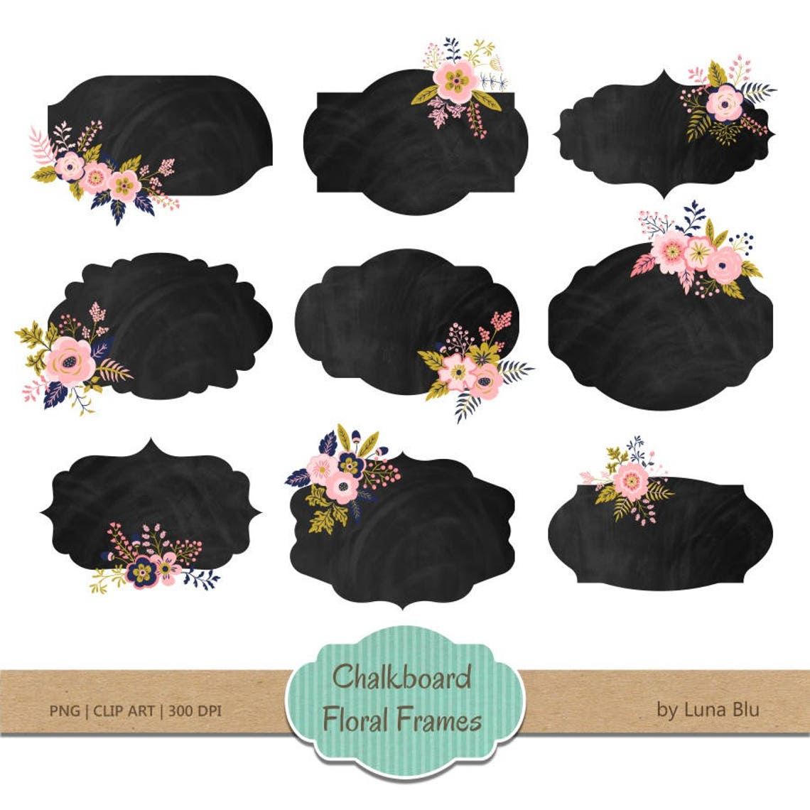 Floral Chalkboard Frames Clipart: Scrapbooking Labels (digital Download ...
